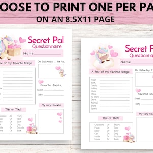 Secret Pal Questionnaire, Valentine's Day Secret Valentine Printable ...