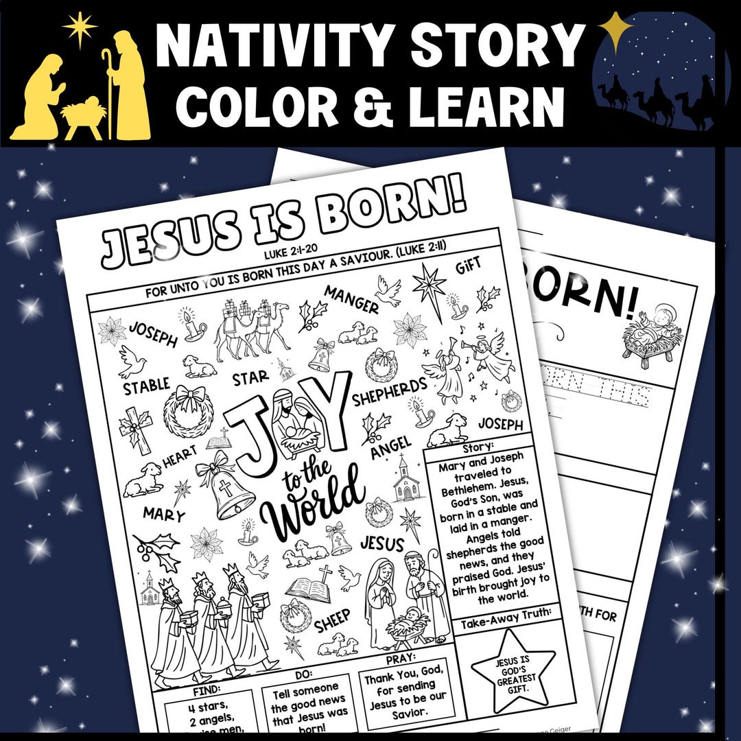 Jesus is Born Nativity Story Coloring Craft Lesson Printable, Kids ...