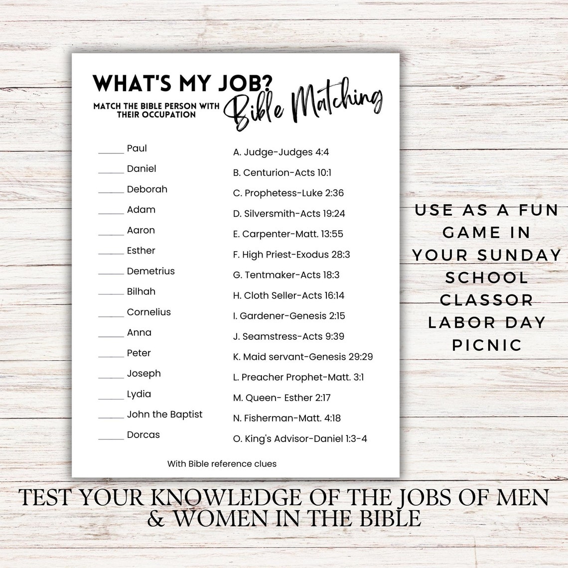 Jobs in the Bible Printable Matching Game for Church and Families ...