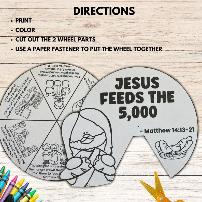 Jesus Feeds the 5000 Bible Wheel Craft, Matthew 14:13-21 Bible Coloring ...