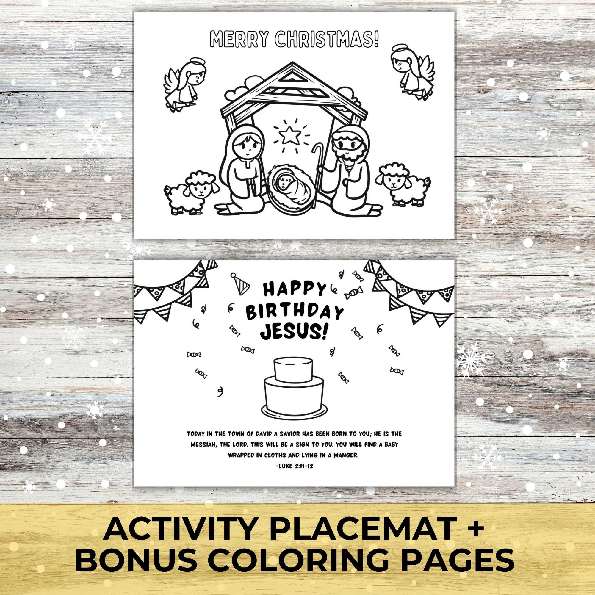 Happy Birthday Jesus Bible Activity Coloring Placemat, Christmas Sunday ...