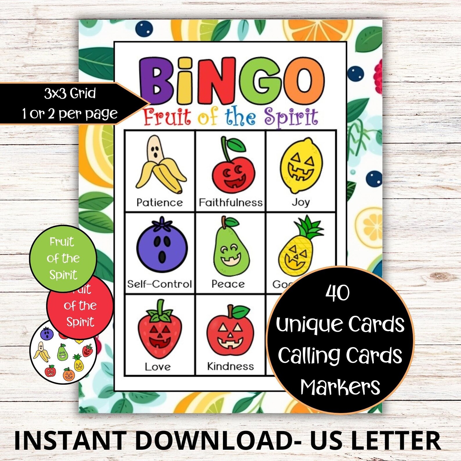 Fruit of the Spirit Bible Bingo Printable Game for Preschool Sunday ...