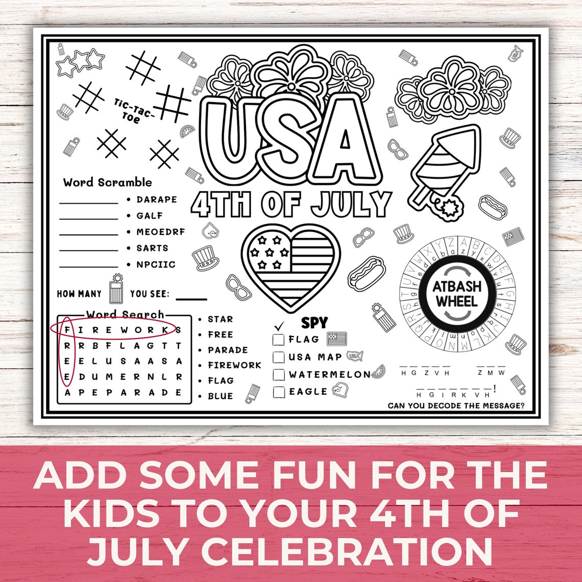 4th of July Activity Coloring Placemat, Patriotic Printable Game ...