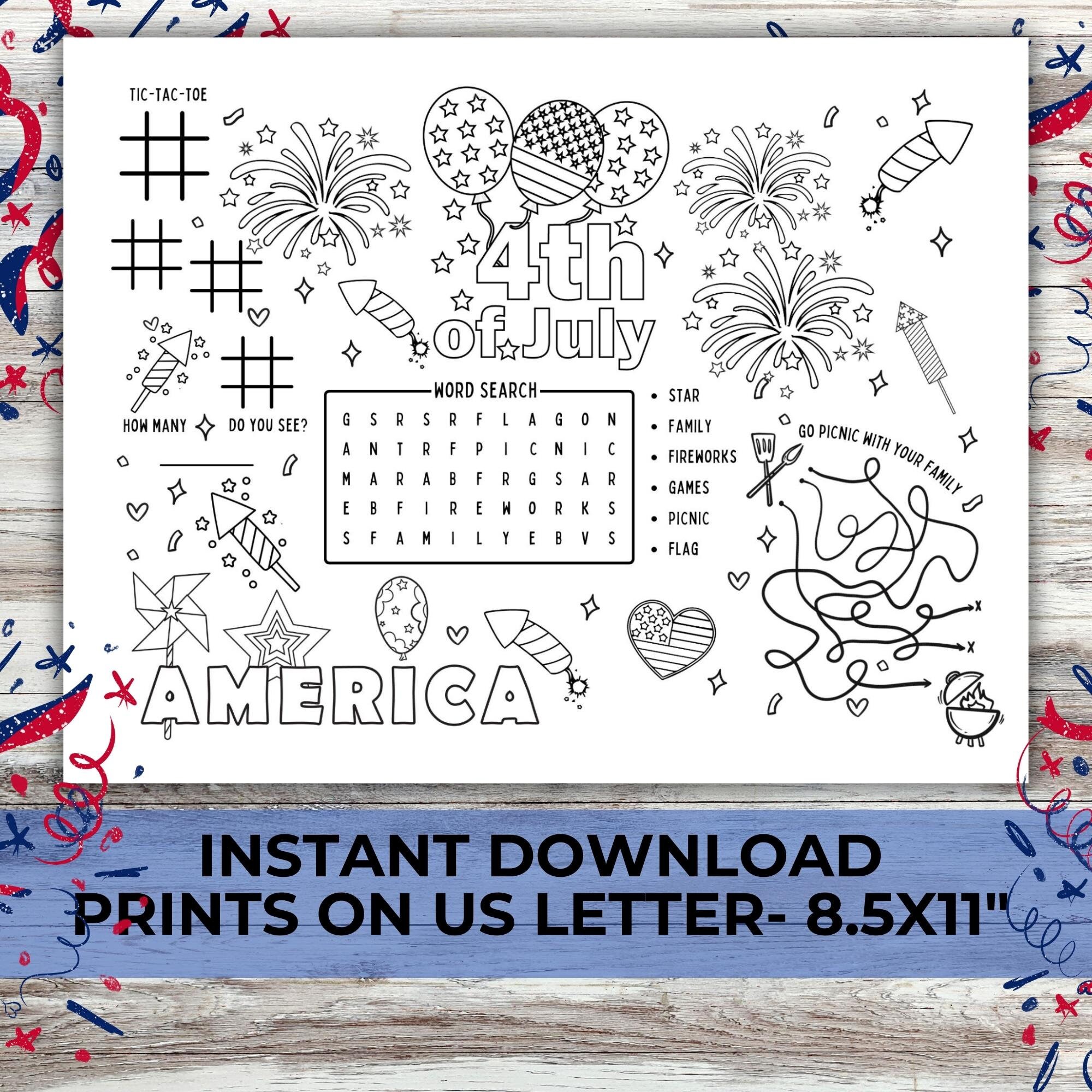 4th of July Coloring Activity Placemat, Family Party Printable Activity ...