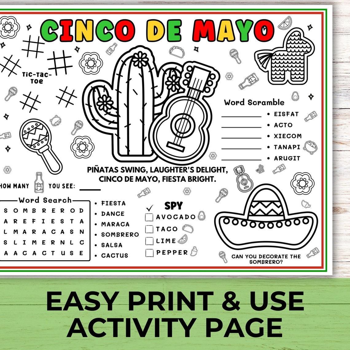 Cinco De Mayo Activity Coloring Placemat, Fiesta Printable Game ...