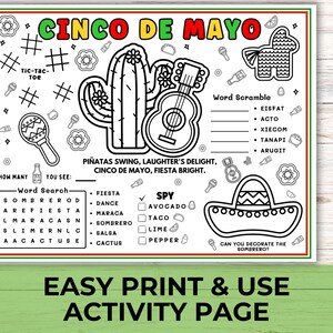 Cinco De Mayo Activity Coloring Placemat, Fiesta Printable Game ...