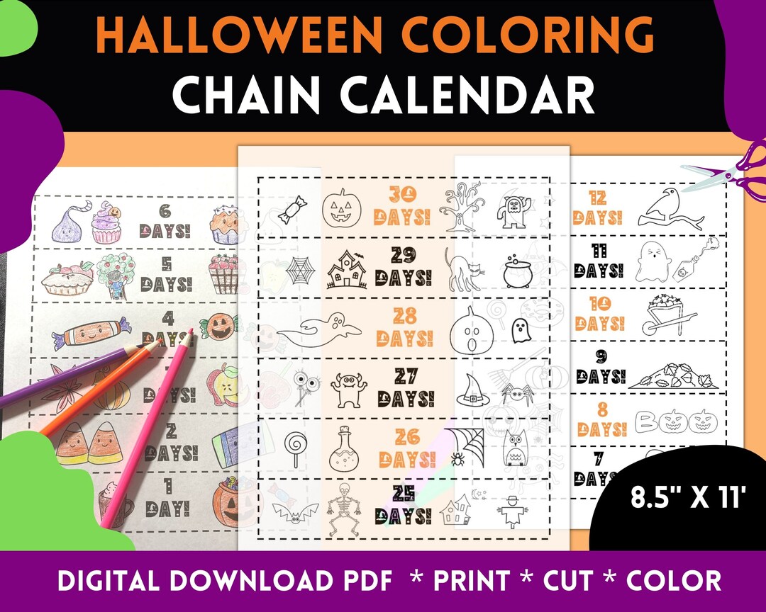 Halloween Coloring Countdown Chain Calendar, Printable Fun for Kids ...