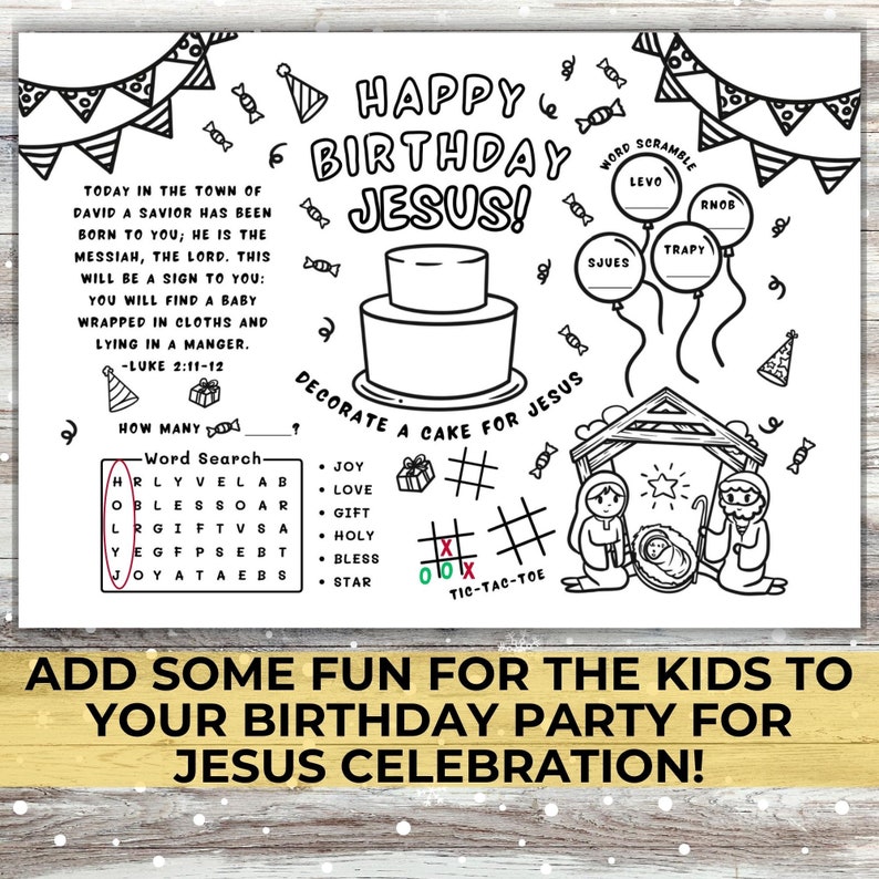 Happy Birthday Jesus Bible Activity Coloring Placemat, Christmas Sunday ...