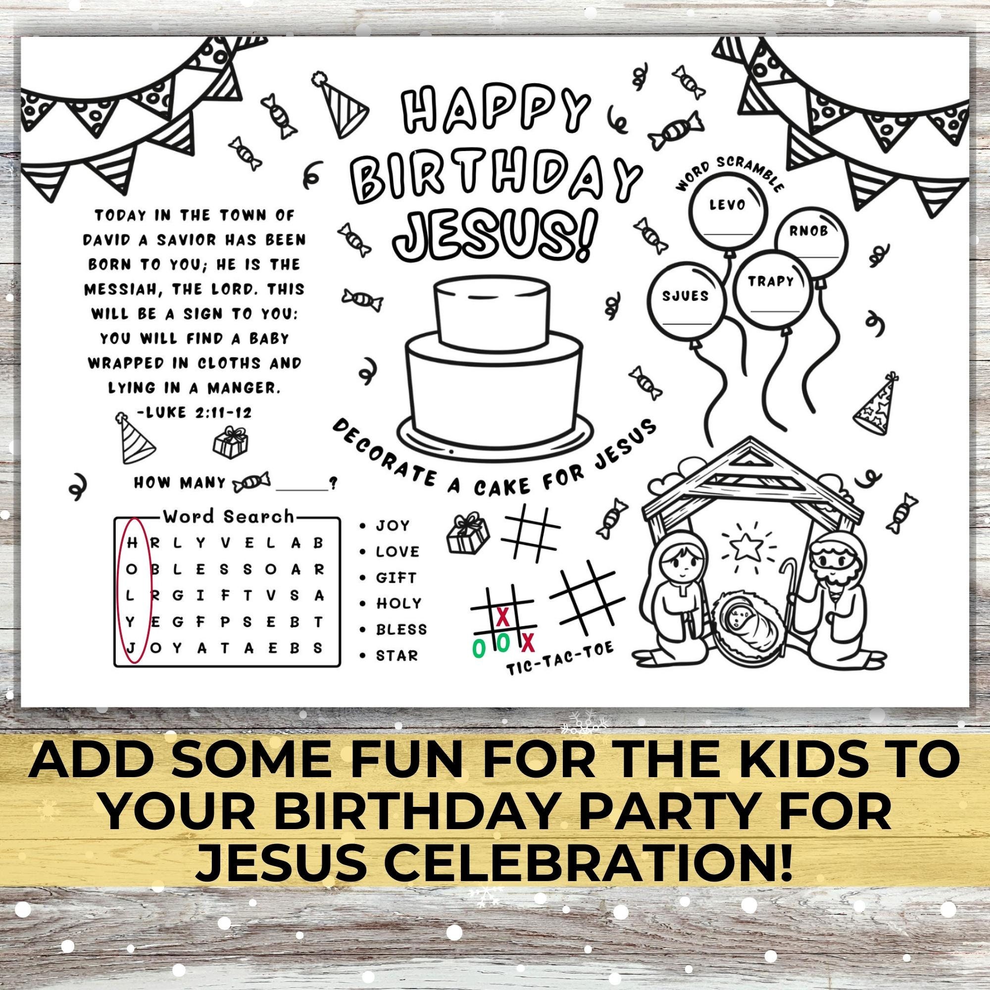 Happy Birthday Jesus Bible Activity Coloring Placemat, Christmas Sunday ...