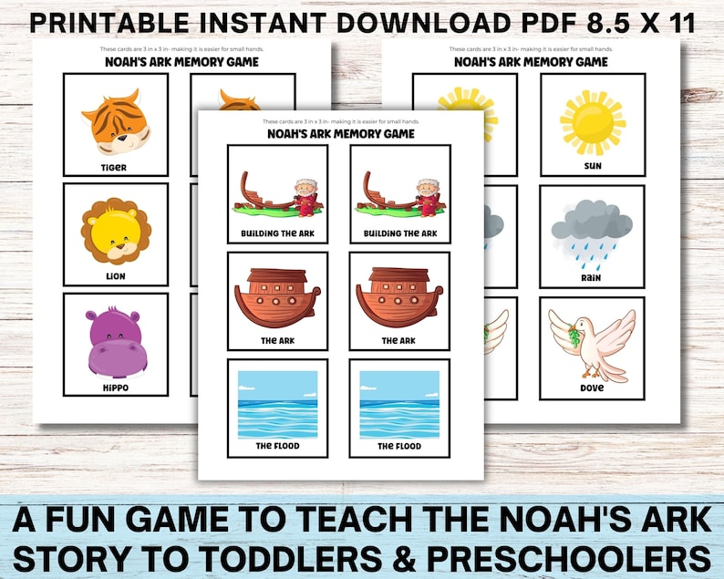 Noah's Ark Bible Memory Match Cards for Kids, Memory Game for Toddlers ...