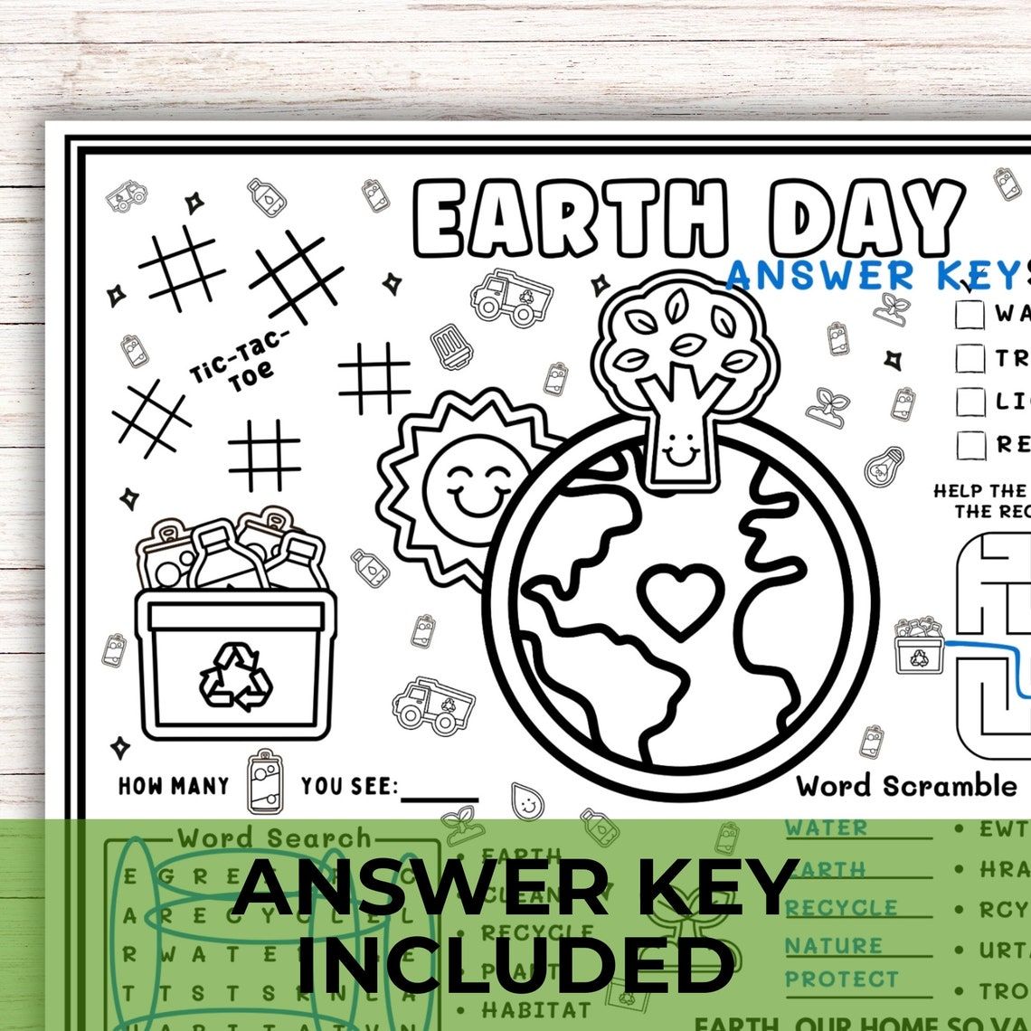 Earth Day Activity Coloring Placemat, Earth Day Printable Game ...