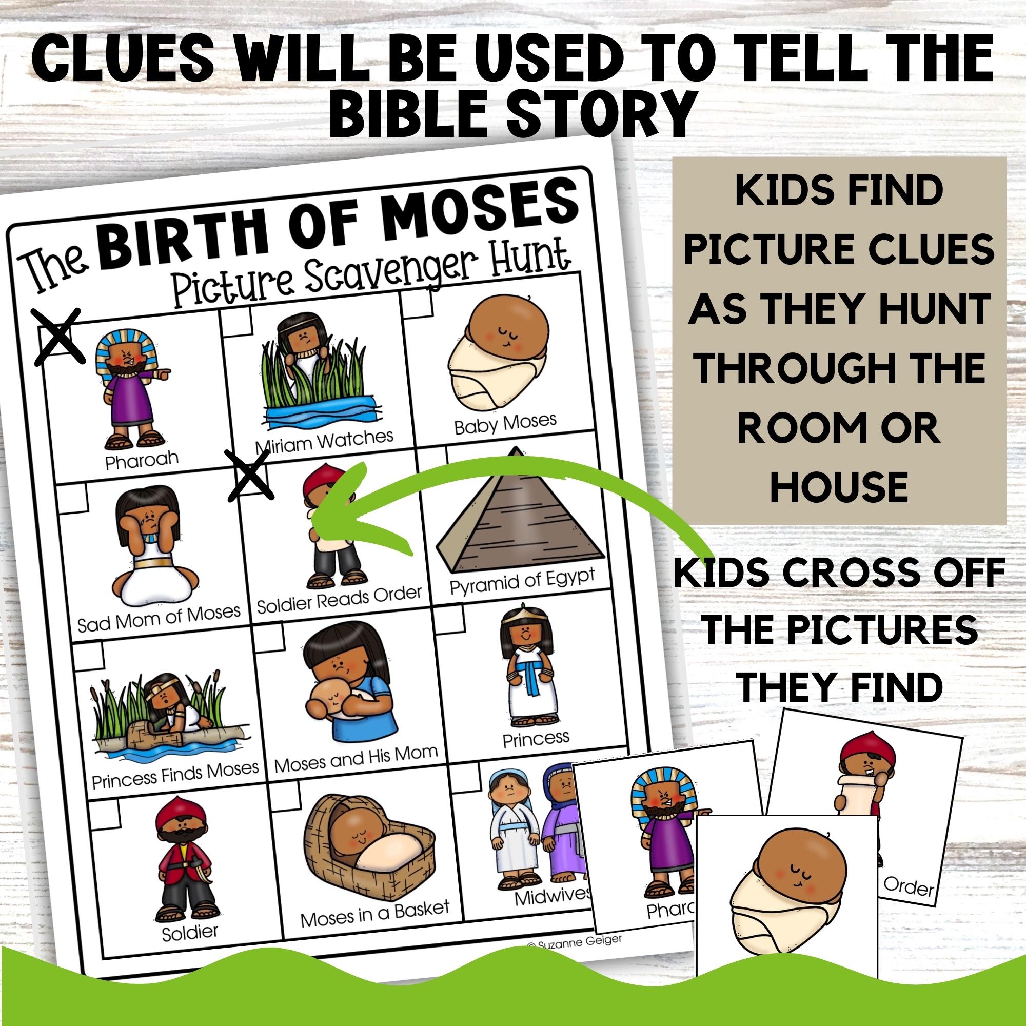 Birth of Moses Bible Lesson Scavenger Hunt Activity Prek, Sunday School ...
