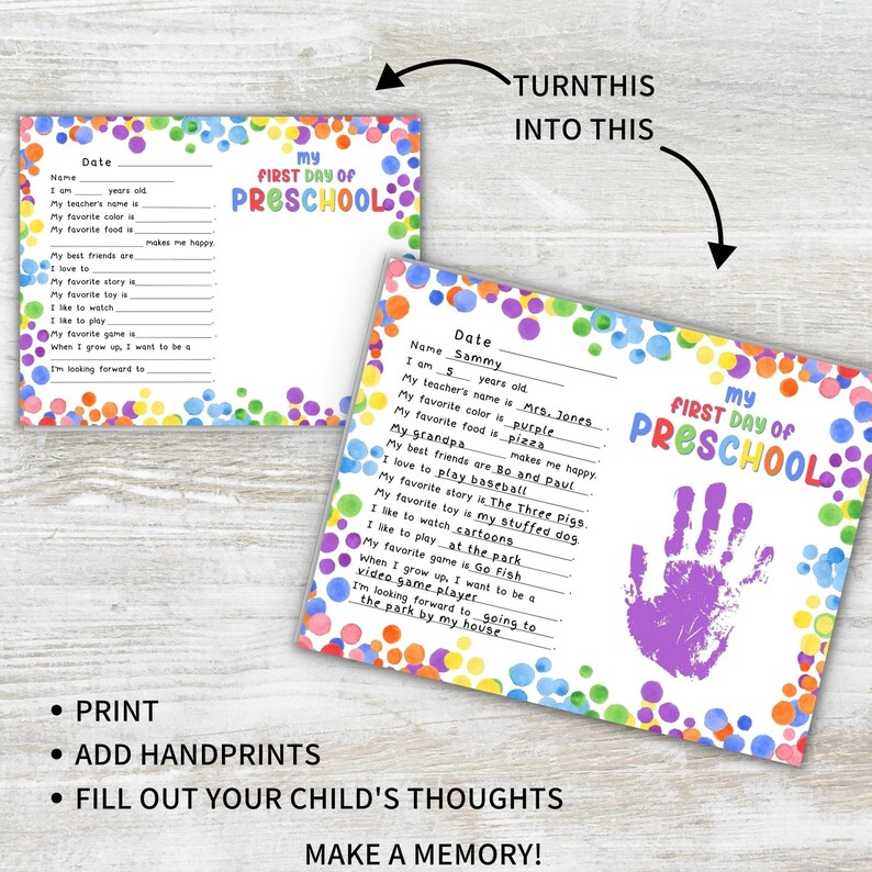 First Day of Preschool Memory Keepsake Handprint Art, Handprint Craft ...