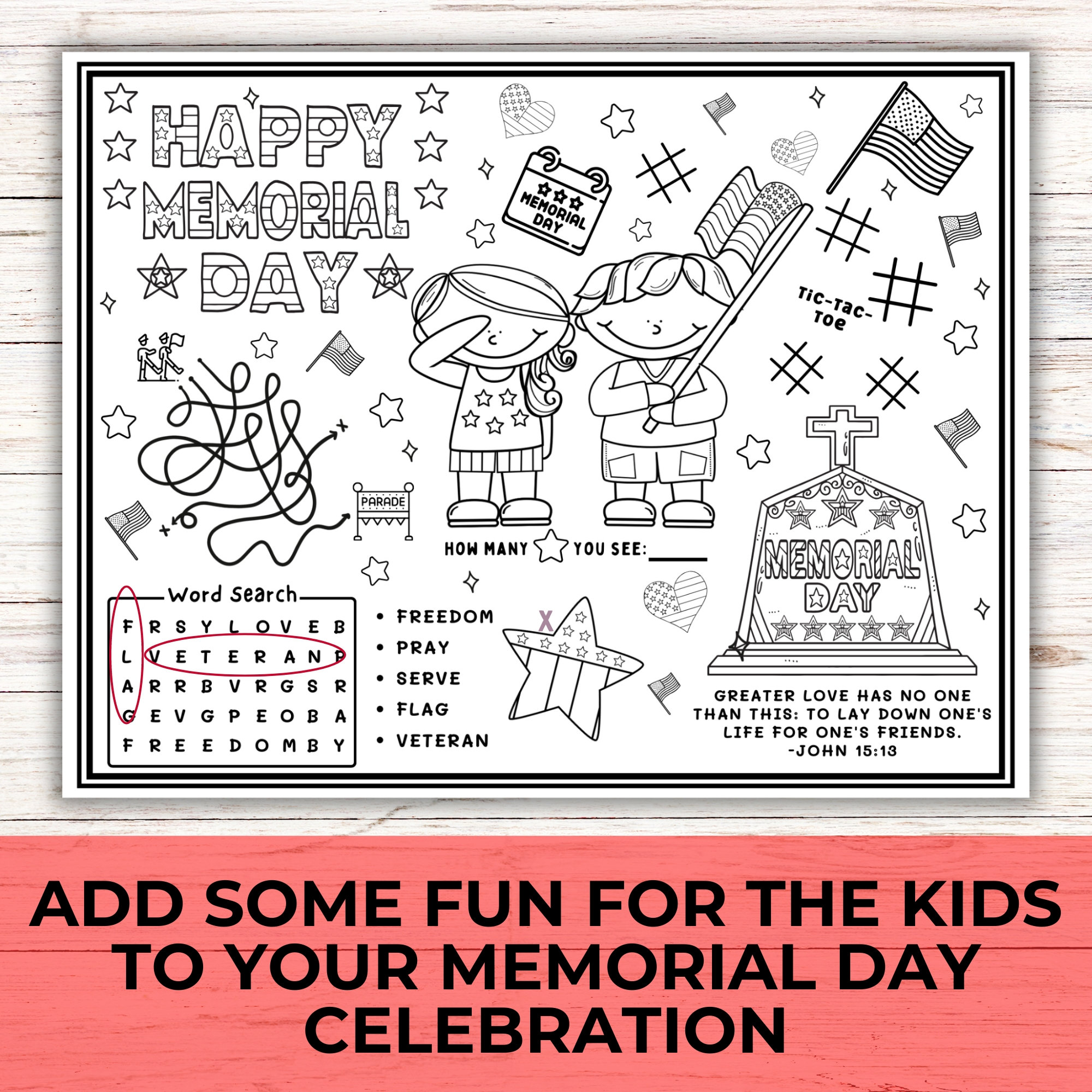 Memorial Day Bible Activity Coloring Placemat, Memorial Day Church ...