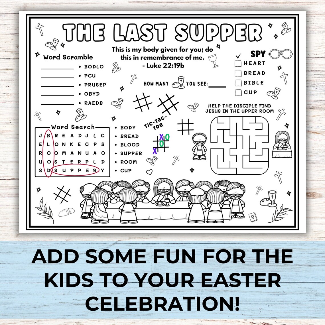 Last Supper Bible Activity Coloring Placemat, Christian Easter Sunday ...