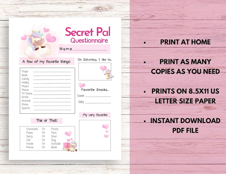 Secret Pal Questionnaire, Valentine's Day Secret Valentine Printable ...
