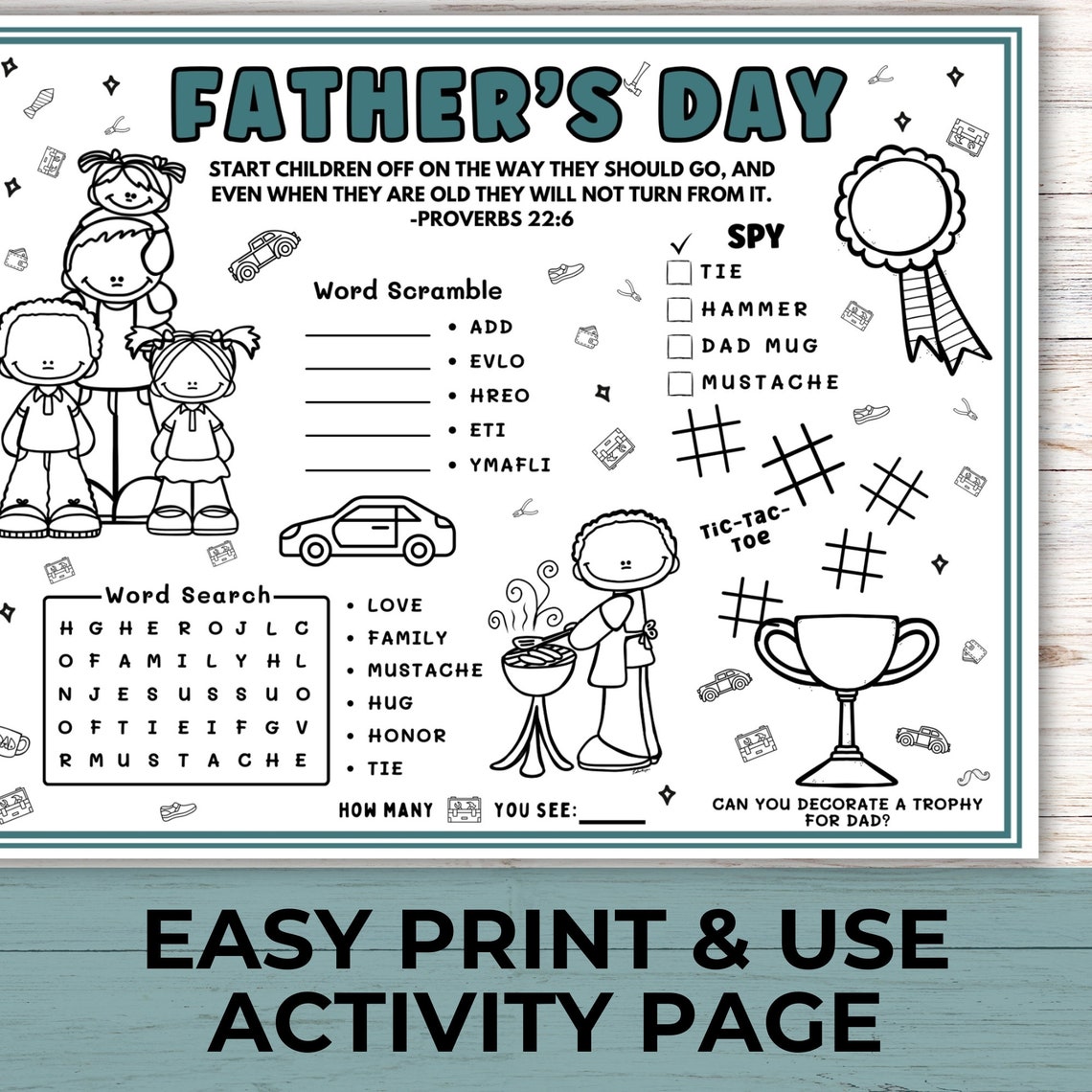 Fathers Day Bible Activity Coloring Placemat, Fathers Day Church Games ...