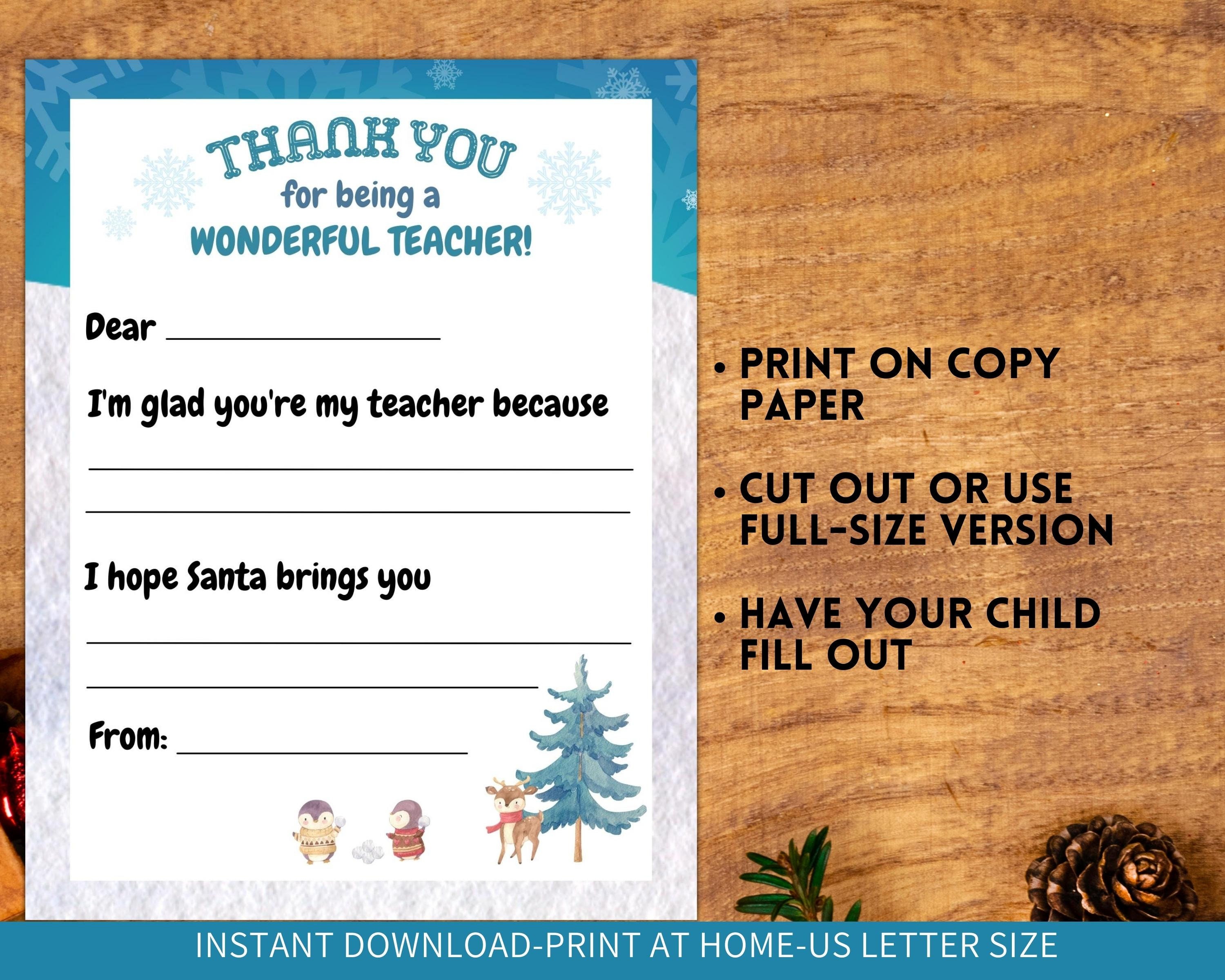 Teacher Appreciation Letter, Printable Teacher Christmas Gift Card ...