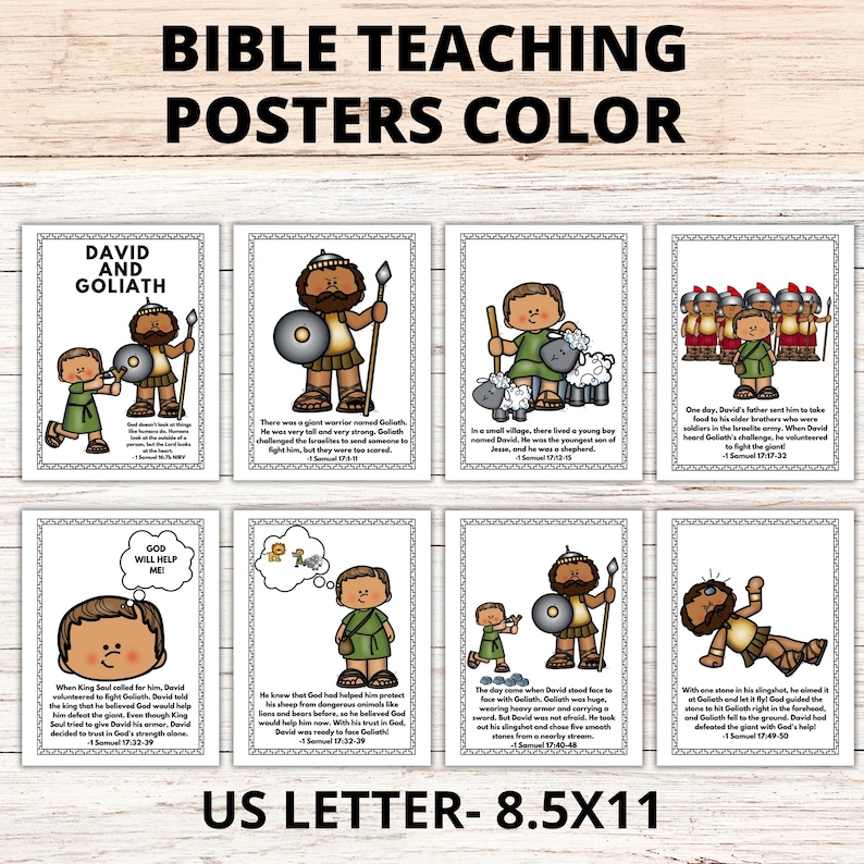 David and Goliath Bible Lesson Teaching Posters and Coloring, Sunday ...