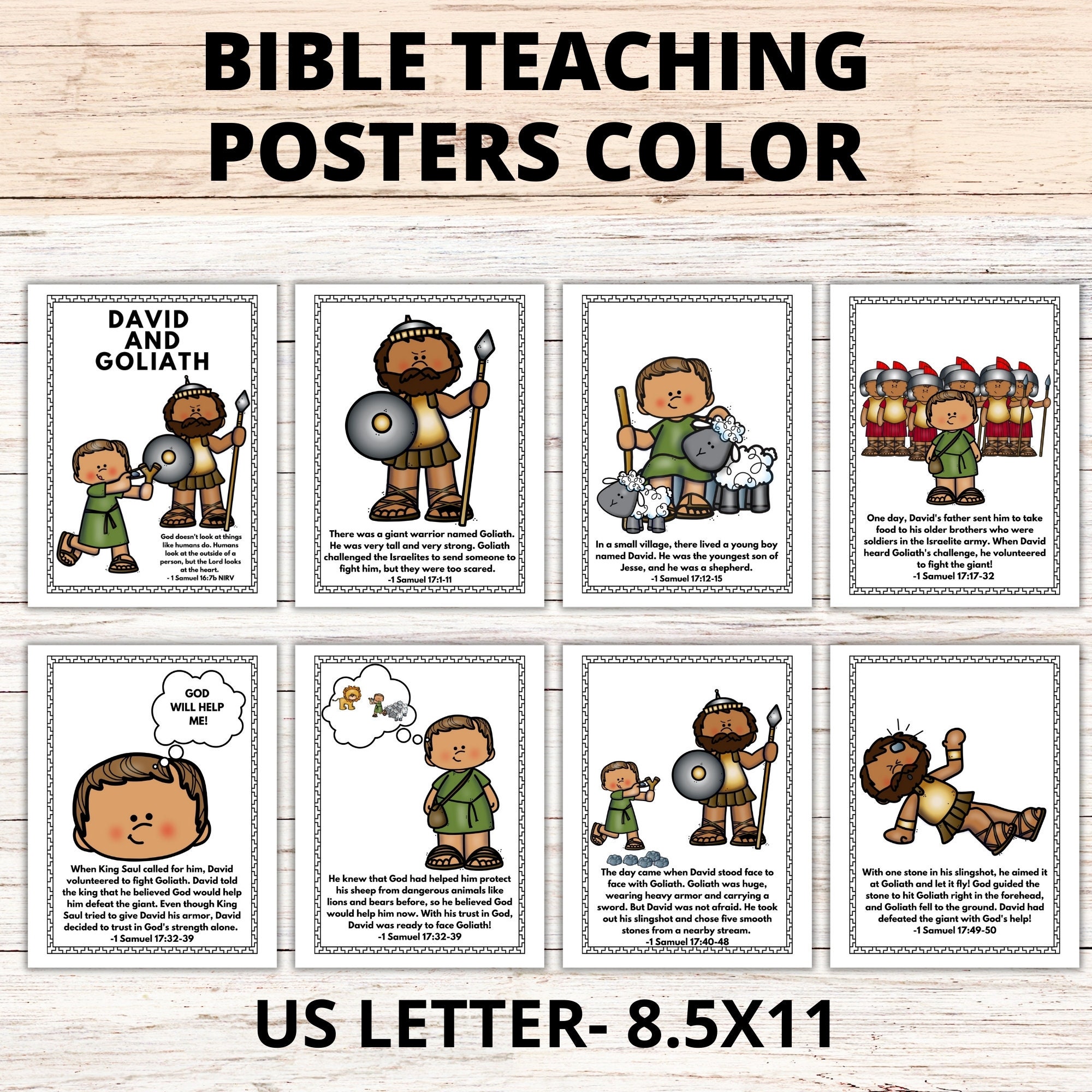 David and Goliath Bible Lesson Teaching Posters and Coloring, Sunday ...