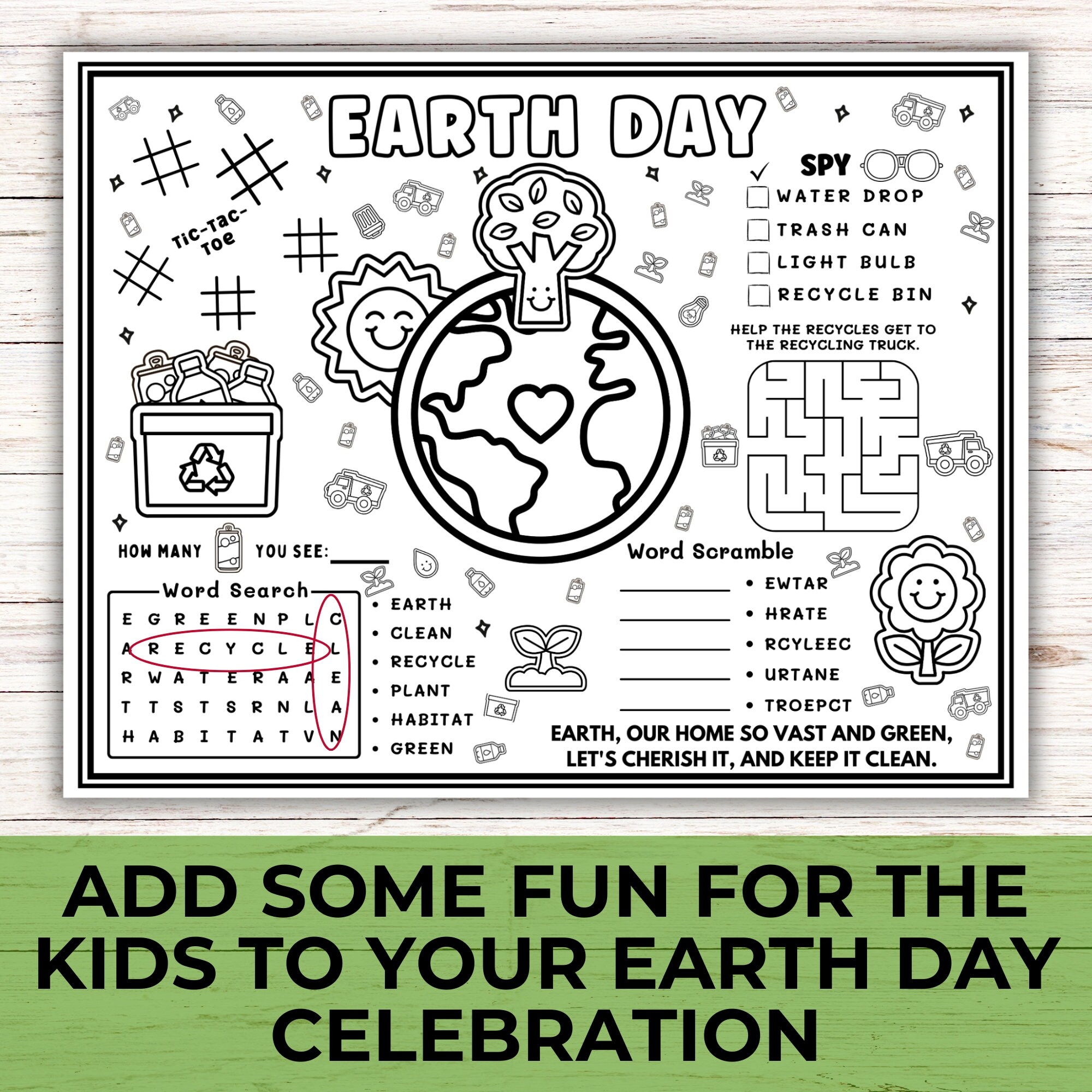 Earth Day Activity Coloring Placemat, Earth Day Printable Game ...