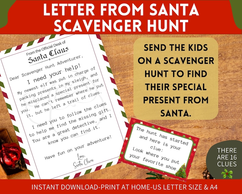 Santa Letter Indoor Christmas Scavenger Hunt for Kids, Printable ...