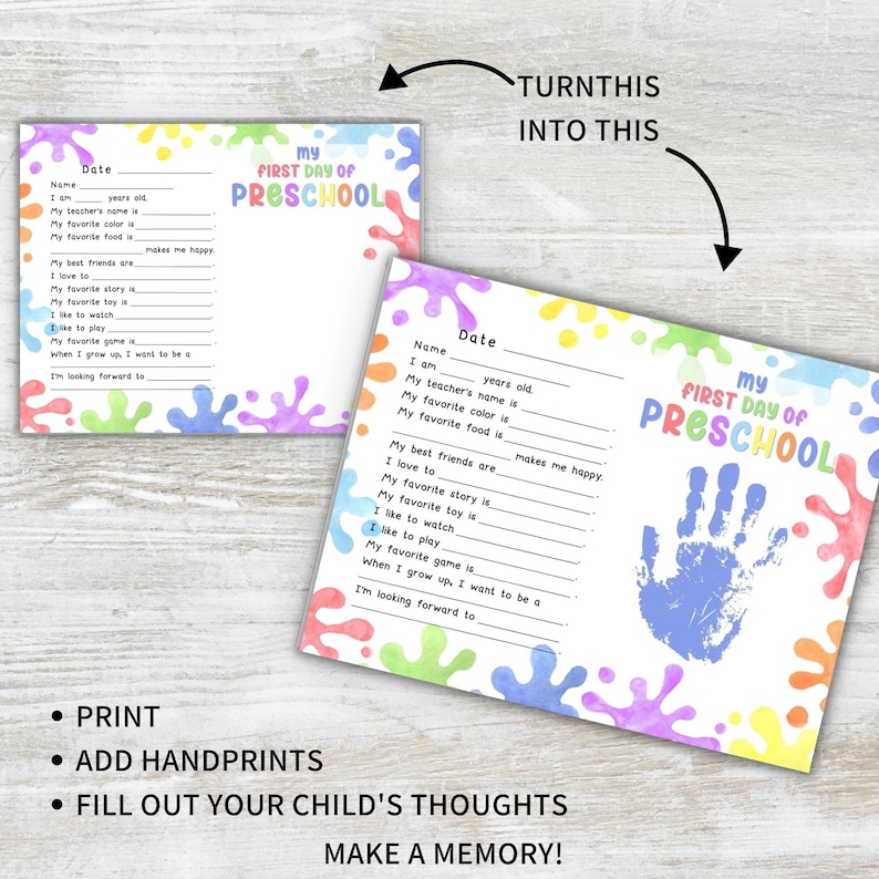 First Day of Preschool Keepsake Handprint Craft Handprint Art - Etsy