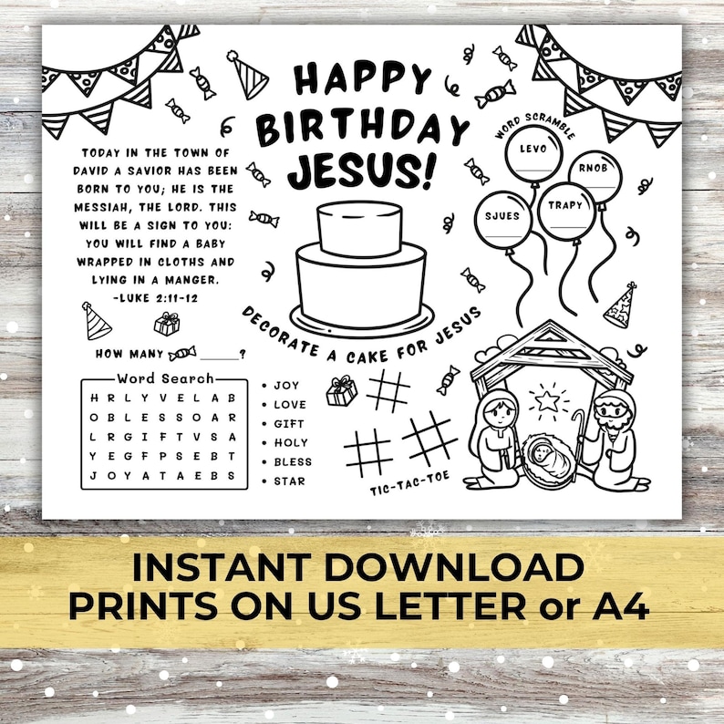 Happy Birthday Jesus Bible Activity Coloring Placemat, Christmas Sunday ...