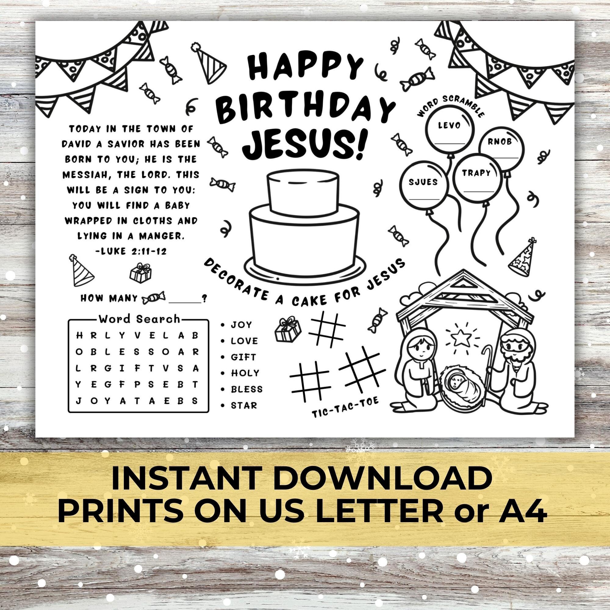 Happy Birthday Jesus Bible Activity Coloring Placemat, Christmas Sunday ...