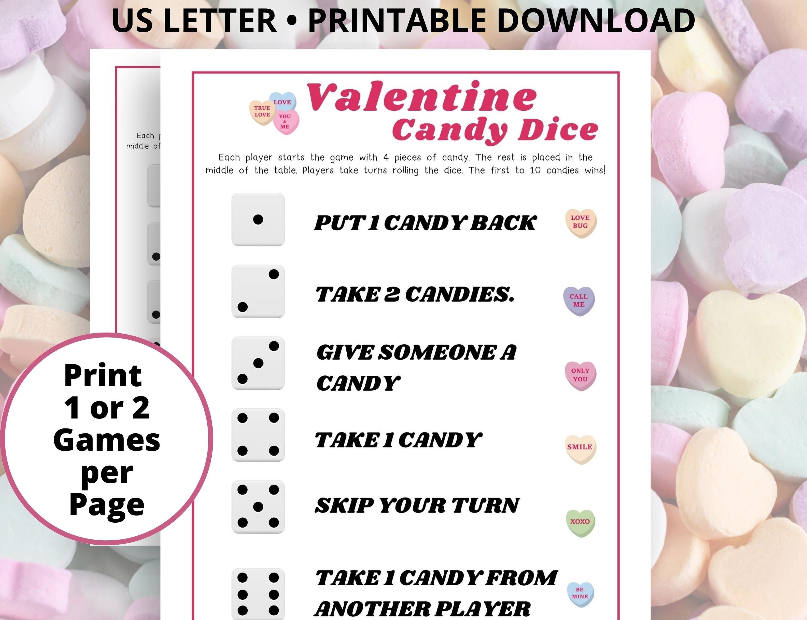 Valentine's Day Candy Dice Game, Printable Valentine's Day Game, Family ...