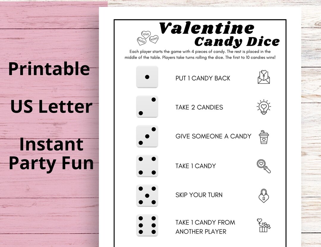 Valentine's Day Candy Dice Game, Printable Valentine's Day Party Game ...