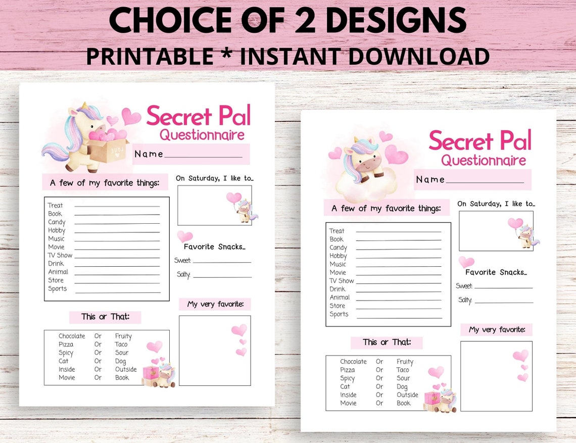Secret Pal Questionnaire, Valentine's Day Secret Valentine Printable ...