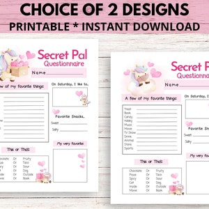 Secret Pal Questionnaire, Valentine's Day Secret Valentine Printable ...
