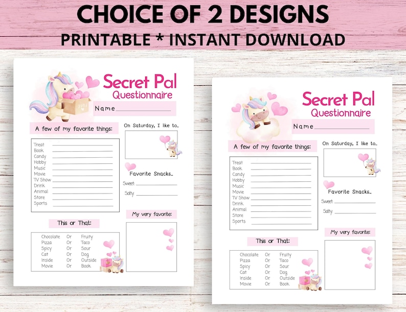 Secret Pal Questionnaire, Valentine's Day Secret Valentine Printable ...