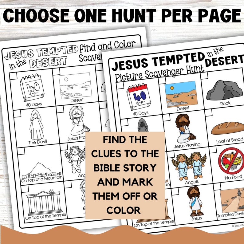 Jesus Tempted in the Desert Bible Lesson Scavenger Hunt Activity Prek ...