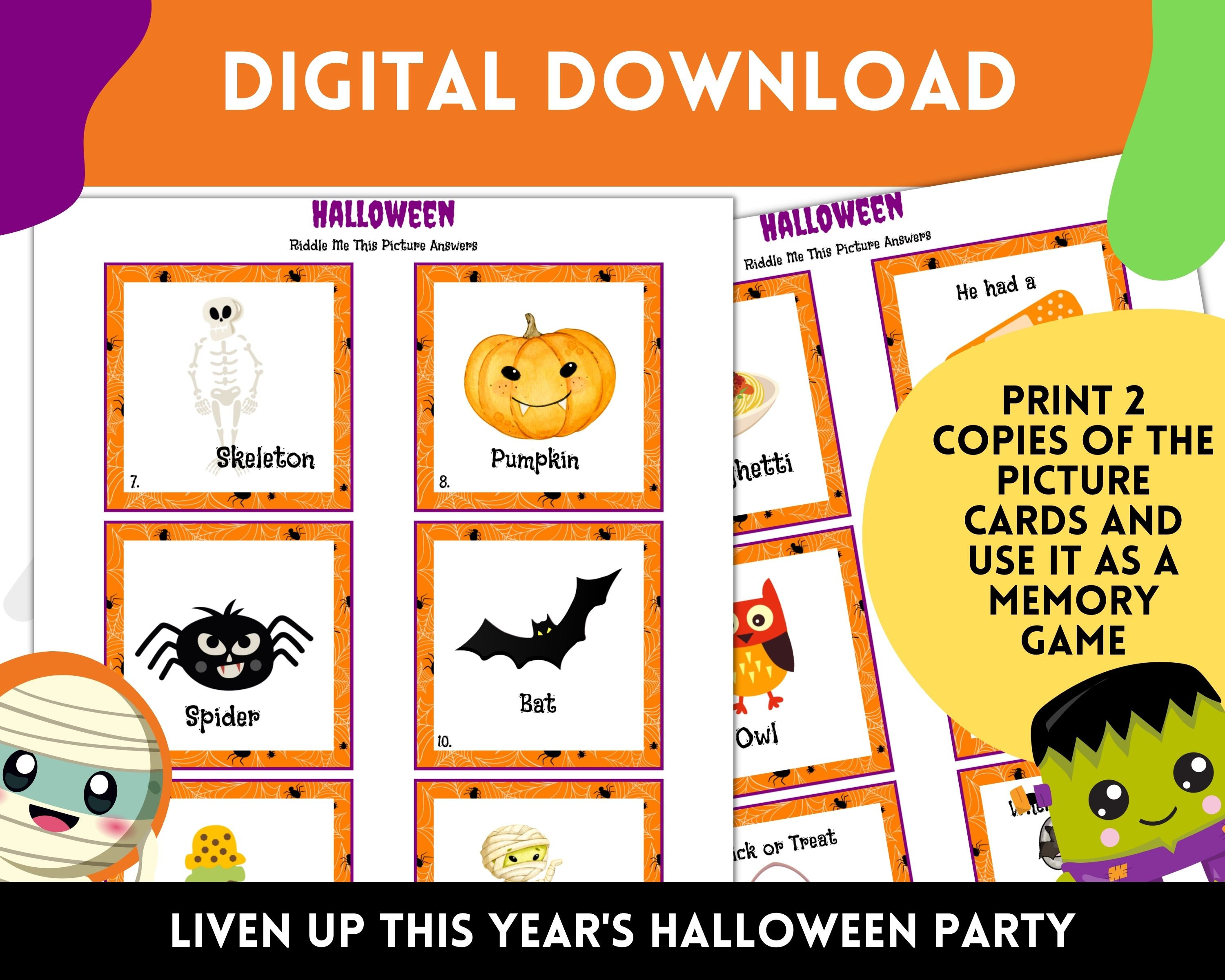 Halloween Riddles Party Game for Kids W/ Picture Answers, Home or Class ...