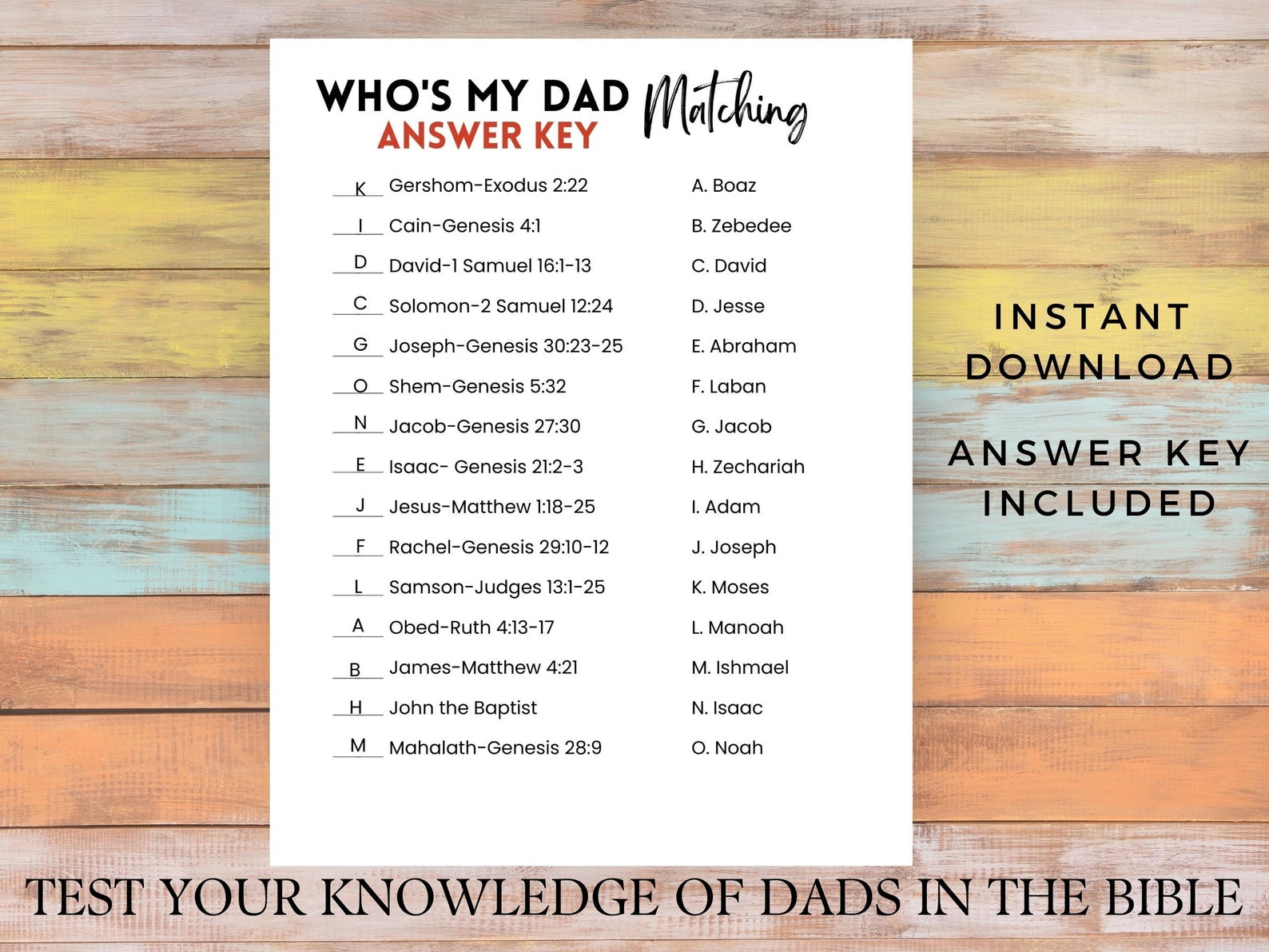 Fathers Day Fathers of the Bible Printable Matching Game for Church and ...