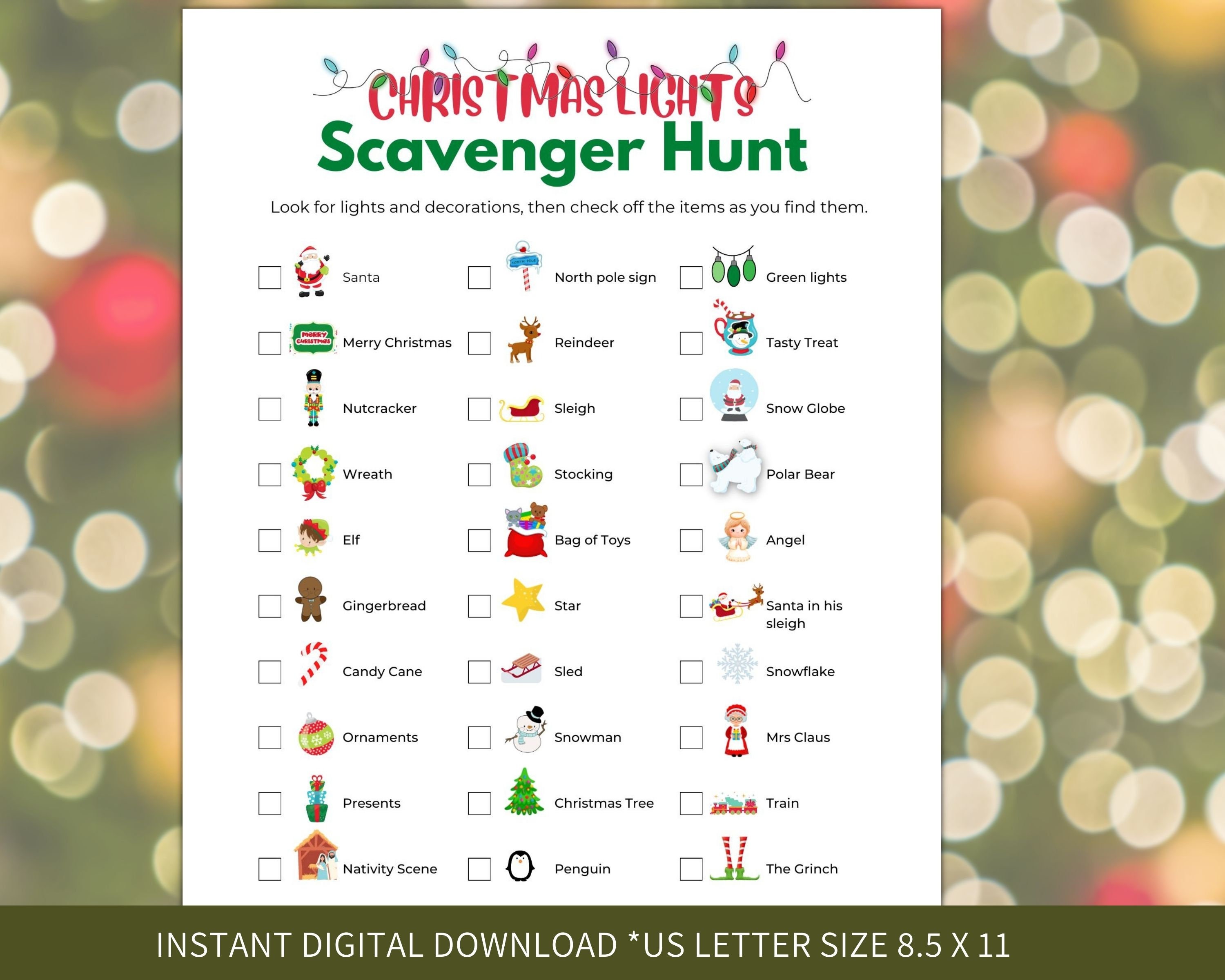 Christmas Lights Scavenger Hunt Activity for Kids, Printable Holiday ...