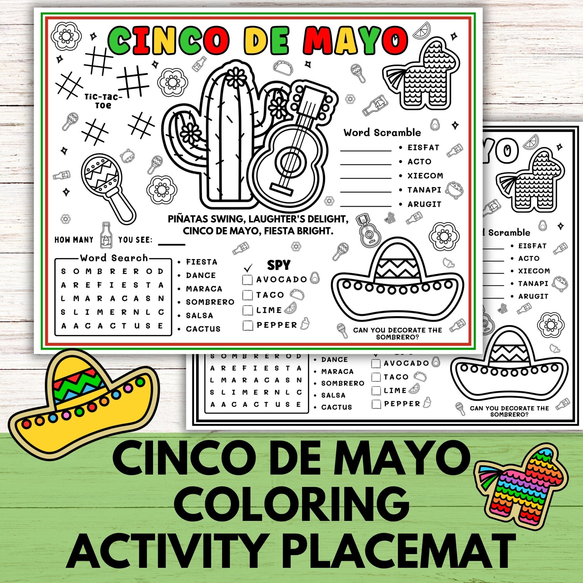 Cinco De Mayo Activity Coloring Placemat, Fiesta Printable Game ...