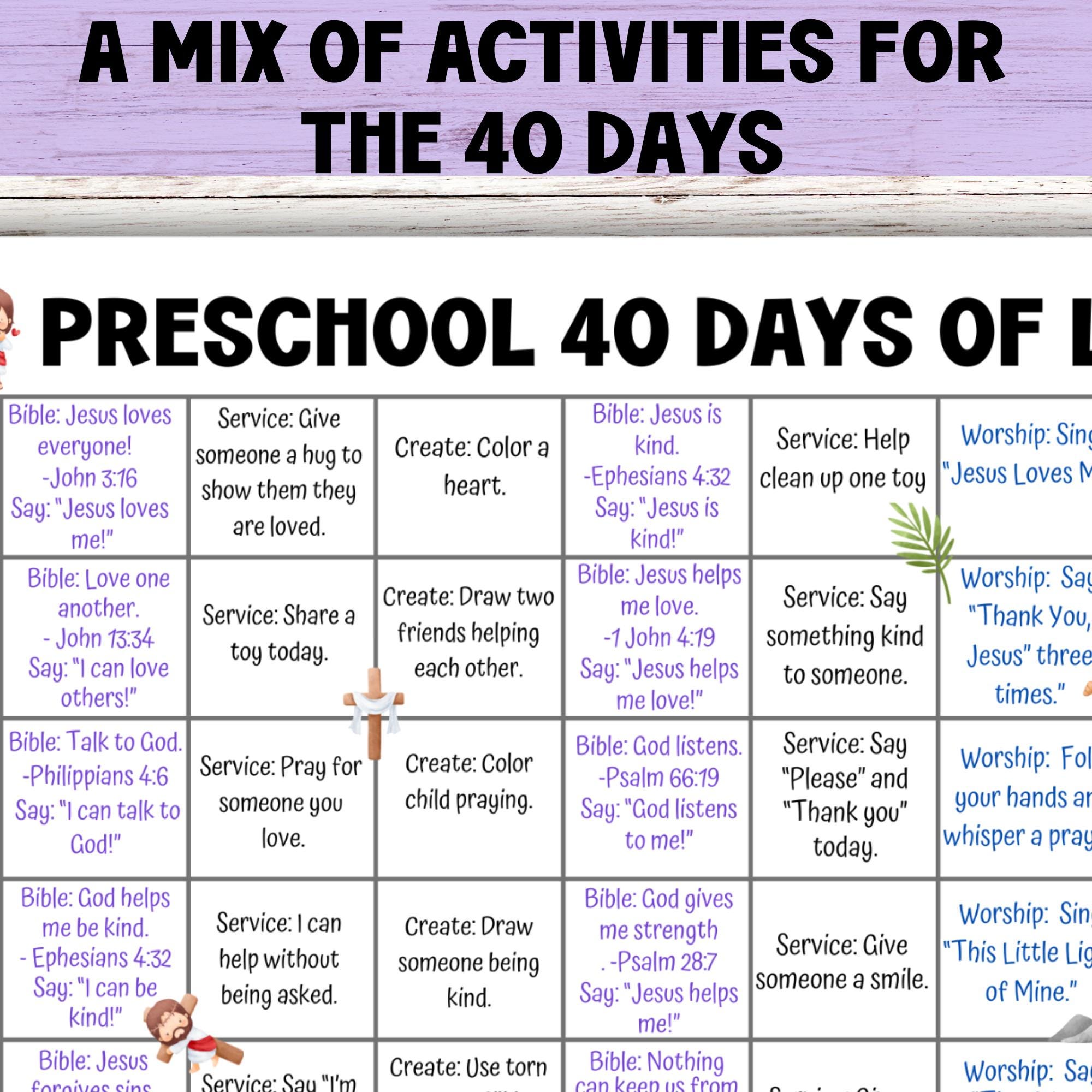 Preschool 40 Days Lenten Calendar 2026, Christian Lent Activities for ...