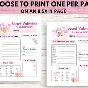 Secret Valentine Questionnaire, Valentine's Day Secret Valentine ...
