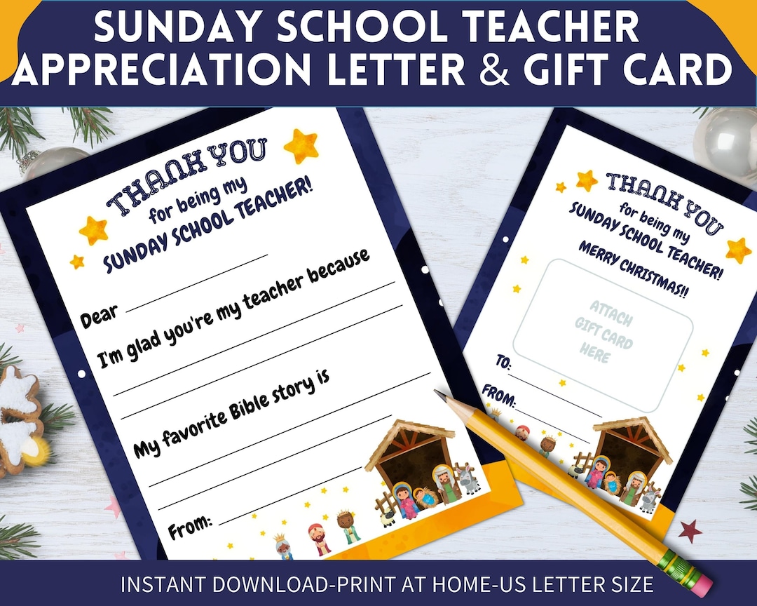 Sunday School Teacher Thank You, Christmas Appreciation Letter ...