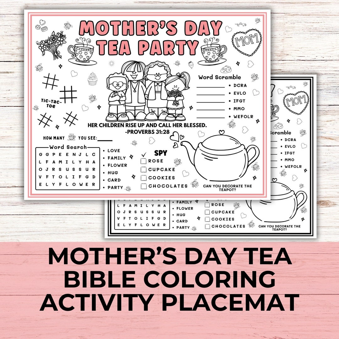 Mothers Day Tea Party Bible Activity Coloring Placemat, Mothers Day ...