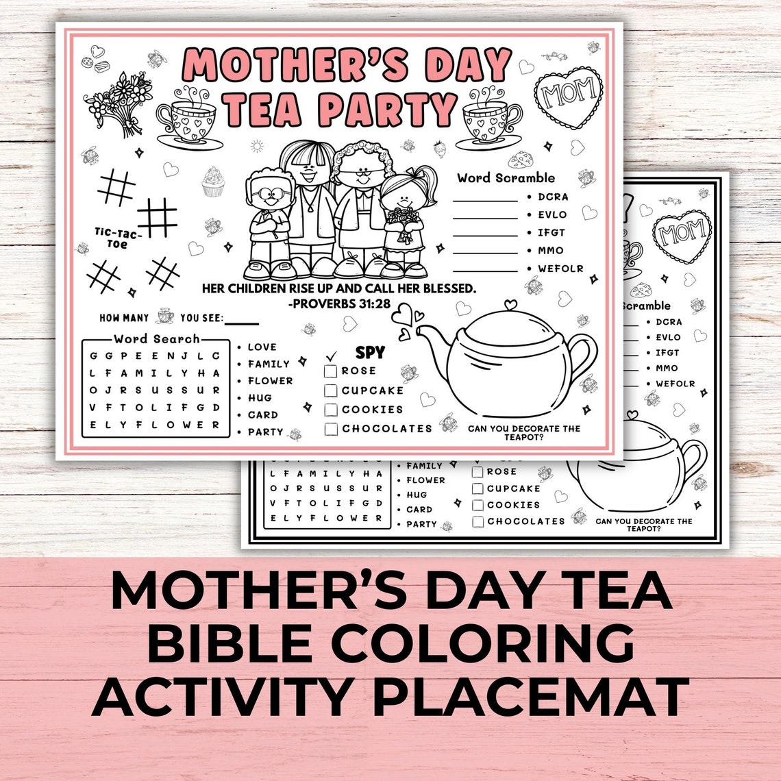 Mothers Day Tea Party Bible Activity Coloring Placemat, Mothers Day ...