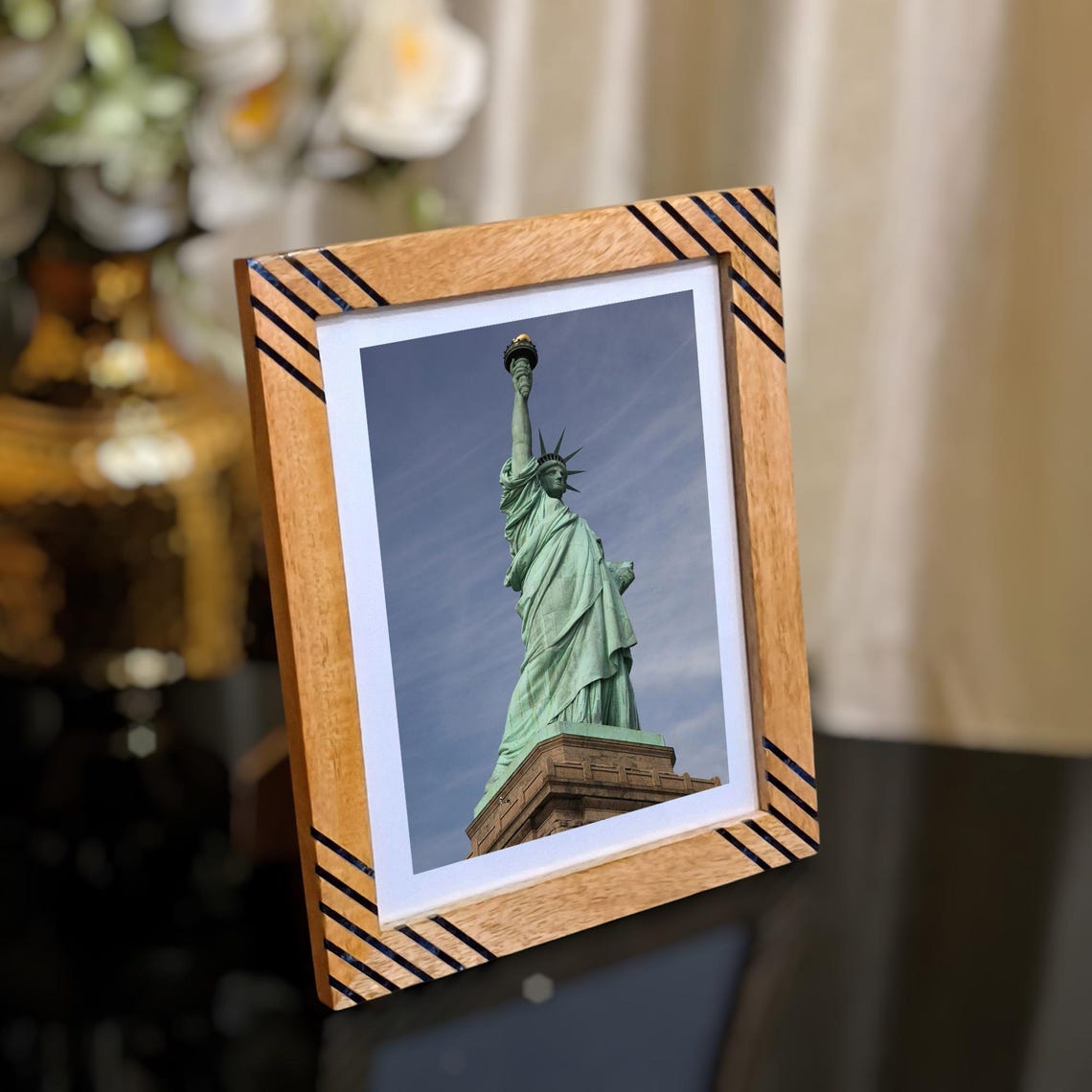 Handcrafted Mango Wood Photo Frame Set: Dark Blue Resin Inlay, Rustic ...