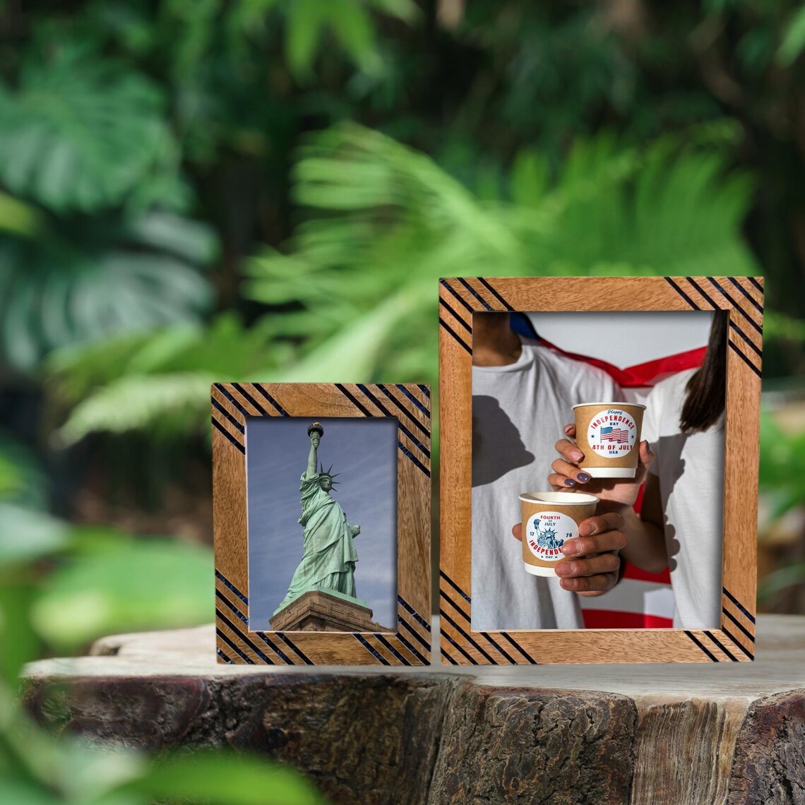 Handcrafted Mango Wood Photo Frame Set: Dark Blue Resin Inlay, Rustic ...