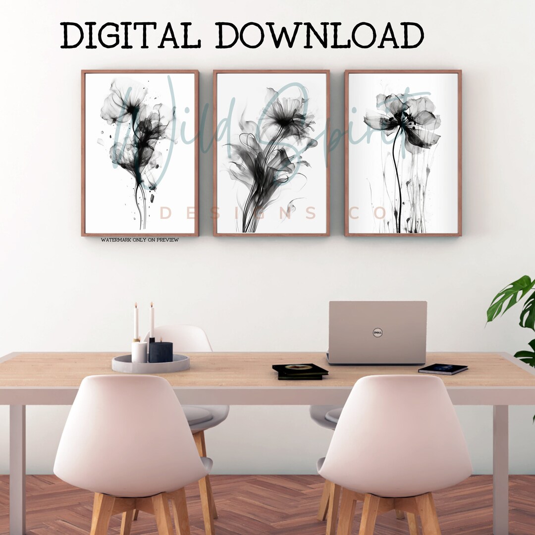 Black and White Floral Print Set of 4 Abstract Flower Print Black and ...