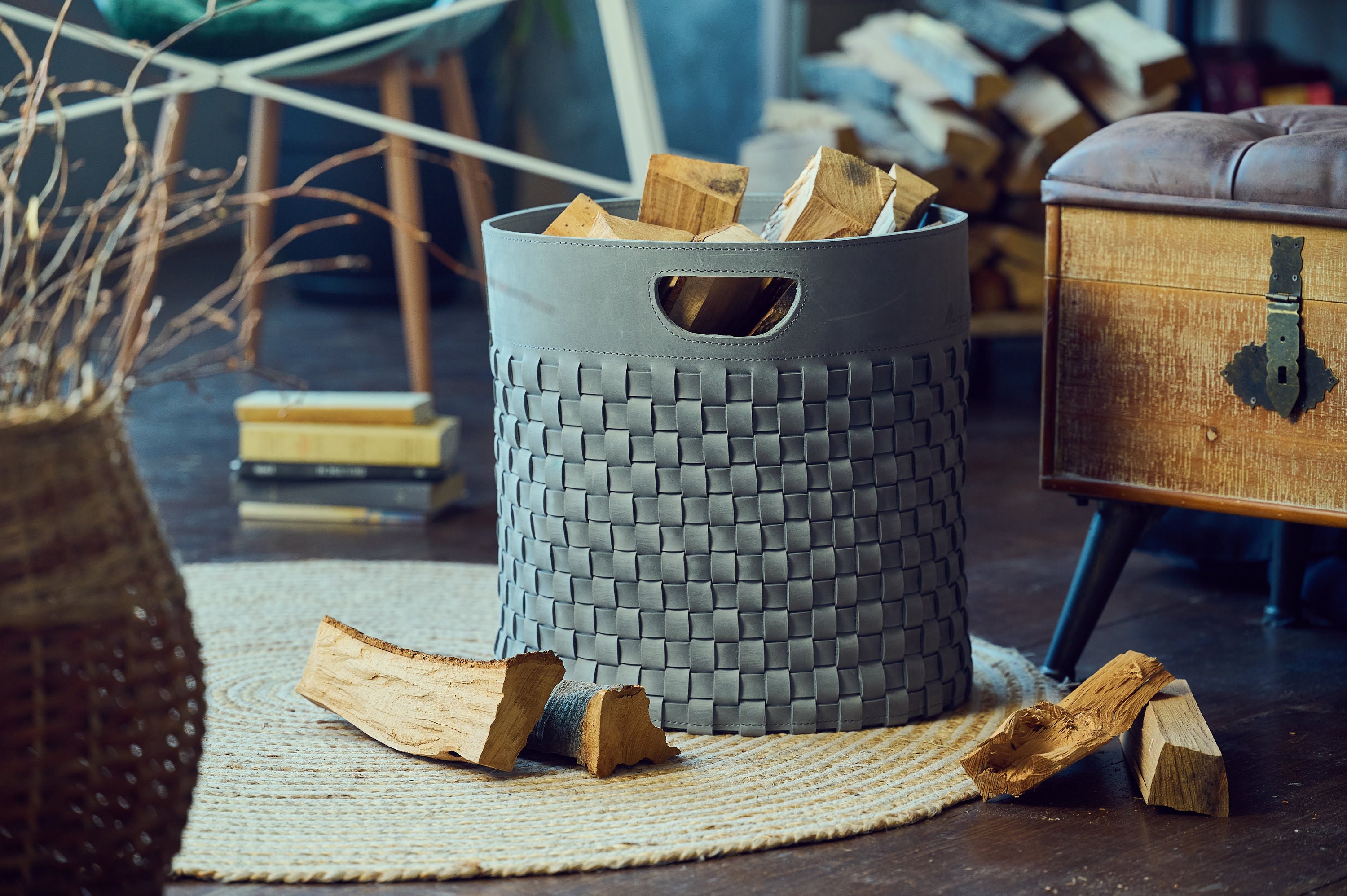 Leather Log Holder, Fireplace Firewood Basket, Modern Living Room ...