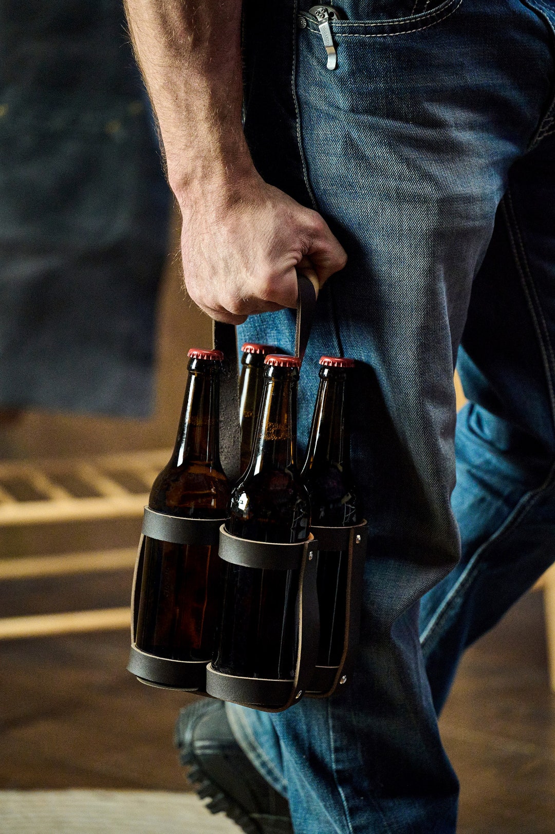 Beer Accessories Beer Holder With Strap 4 Pack Leather Beer Carrier ...