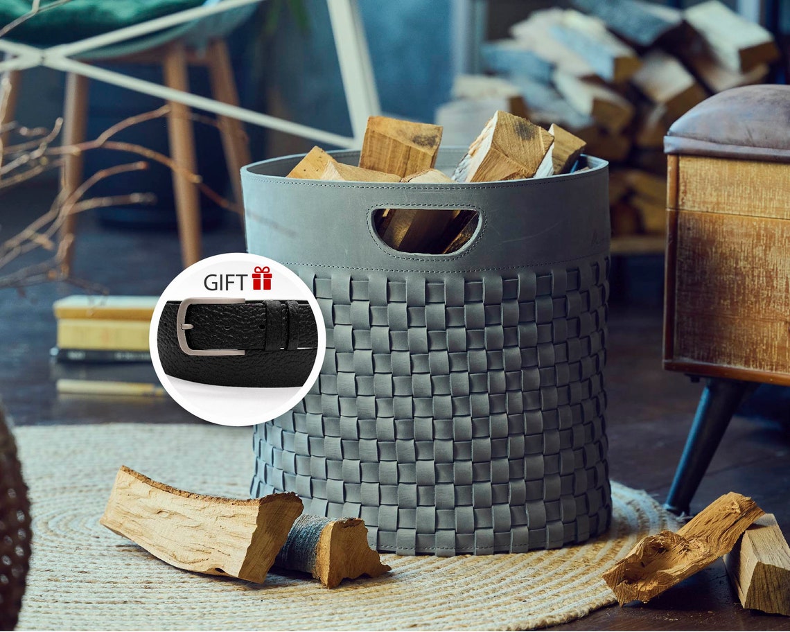Fireplace Log Holder - Leather Firewood Basket, Modern Log Basket for ...